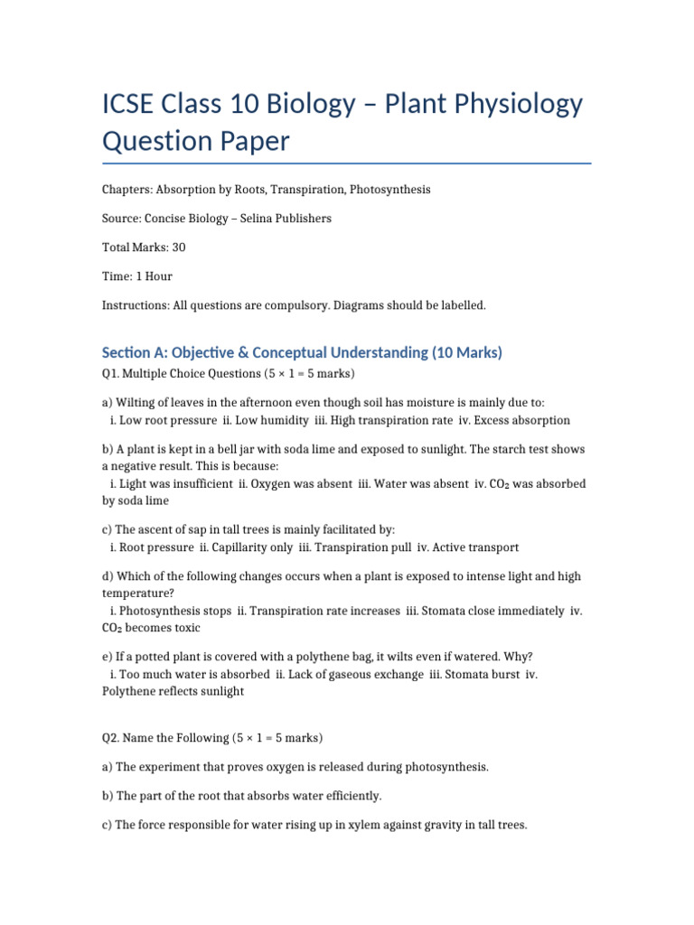 ICSE Class10 Biology 30 Marks Question Paper Formatted | PDF | Leaf | Stoma