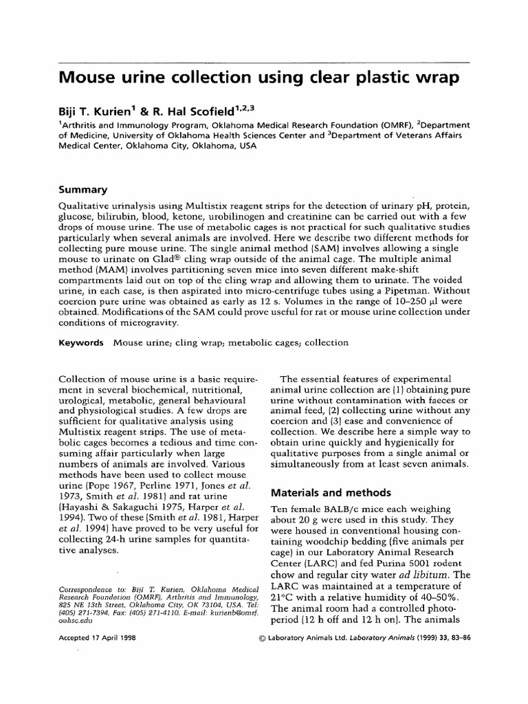 Mouse Urine Collection Techniques | PDF | Medical Specialties