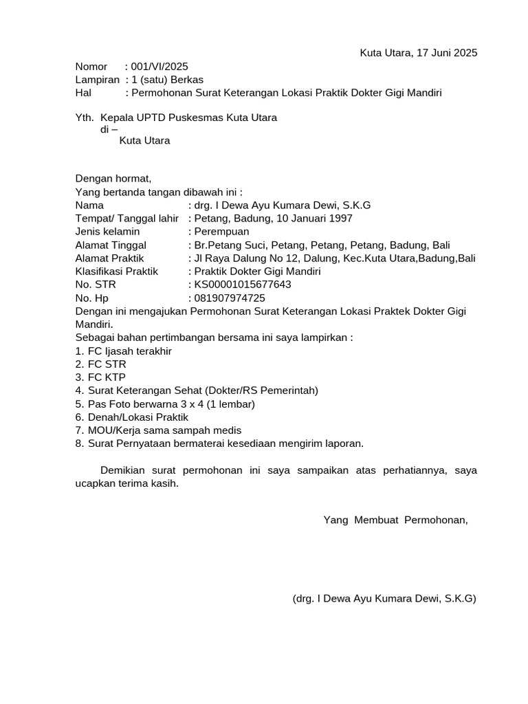 Surat Permohonan Rekomendasi Lokasi Praktik Di Puskesmas Kuta Utara | PDF