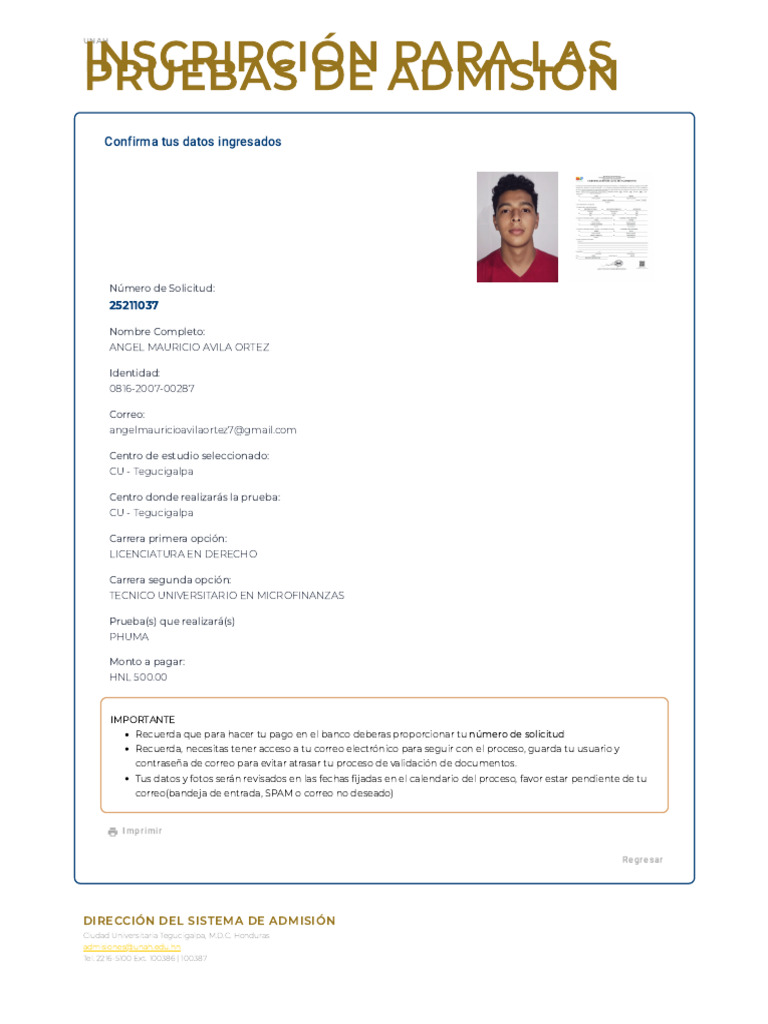 Inscripción Pruebas de Admisión UNAH | PDF