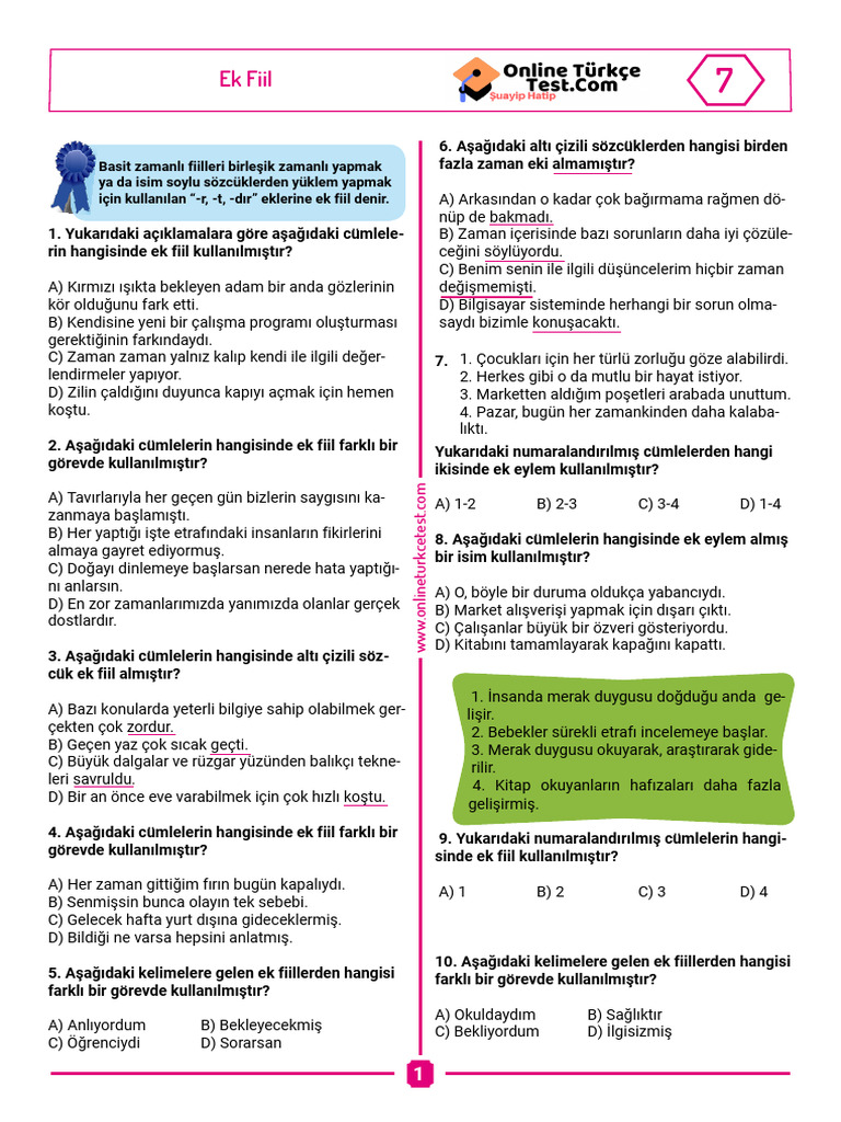 7 Sinif Ek Fiil Konusu Ile Ilgili PDF Test 20 Soru | PDF