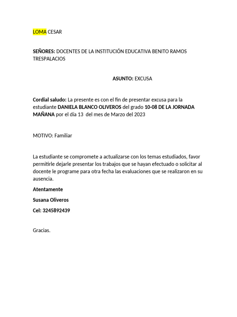 Carta de Excusa Escolar para Daniela Blanco | PDF