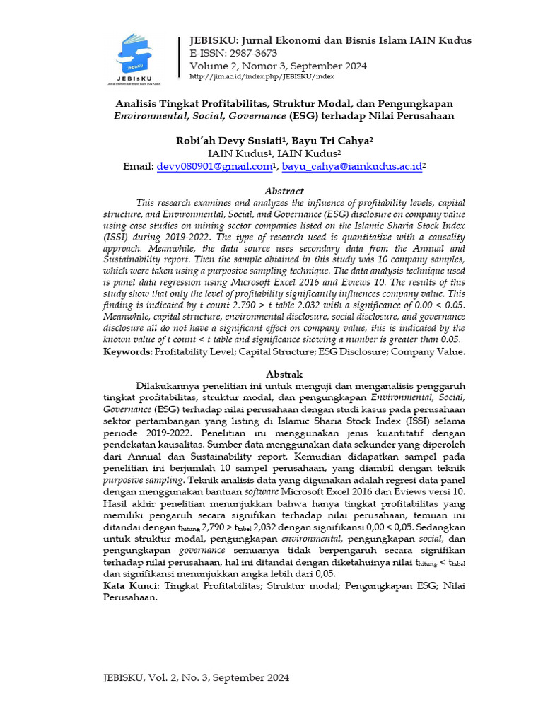 Analisis Tingkat Profitabilitas, Struktur Modal, Dan Pengungkapan Environmental, Social ...