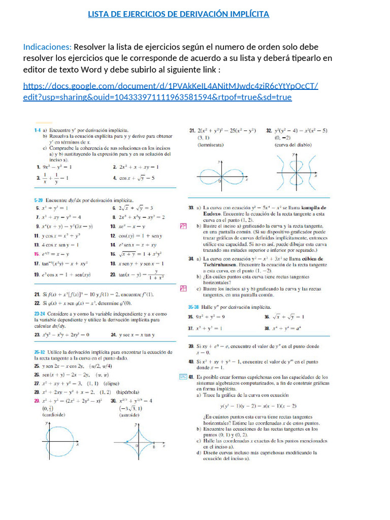 LISTA de EJERCICIOS Derivadas Implicitas (Tarea 7) | PDF