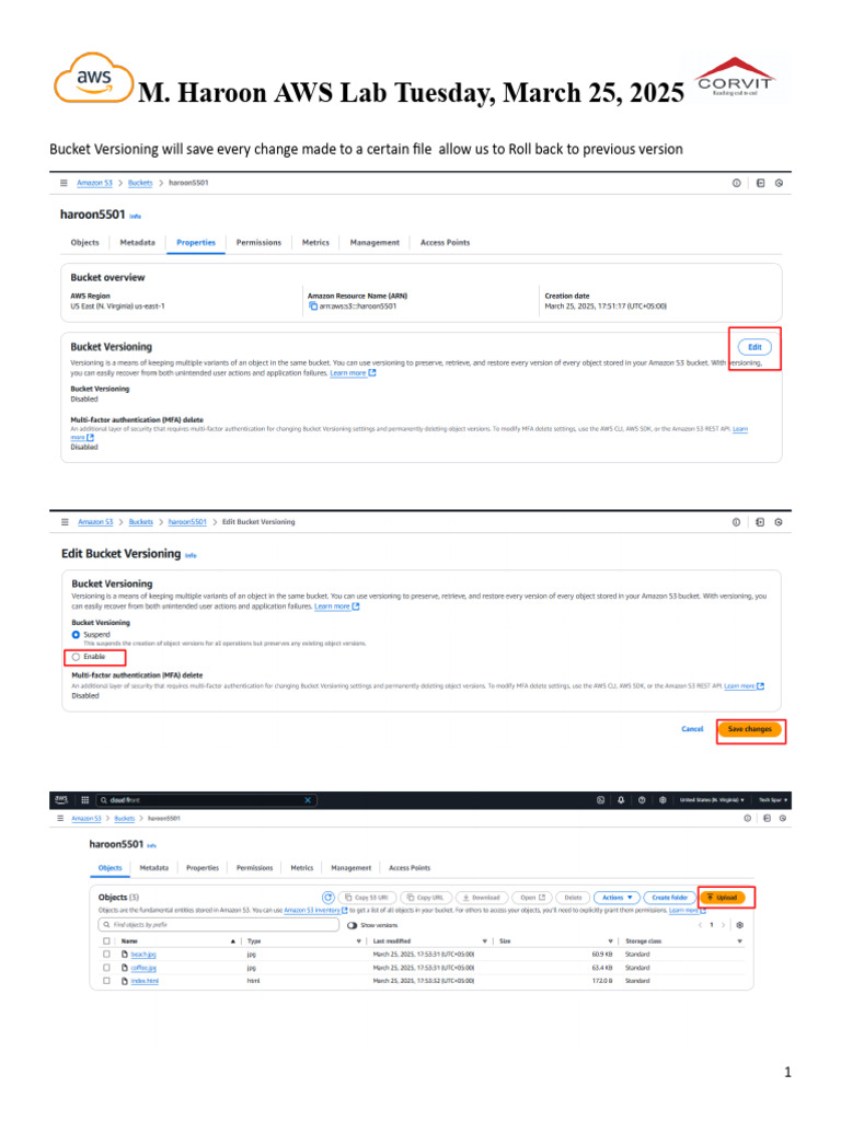 Lab 7.2 Enabling Bucket Versioning On S3 Bucket | PDF