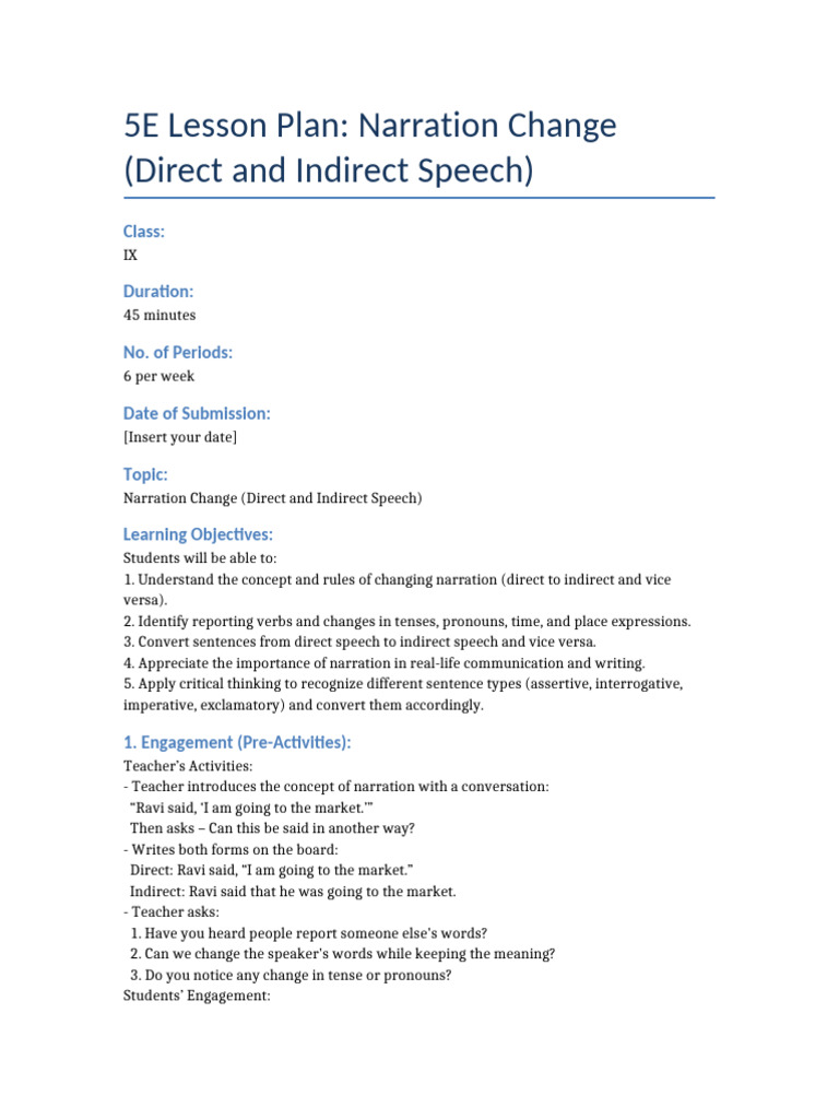 Narration Change 5E Lesson Plan | PDF | Grammar | Syntax