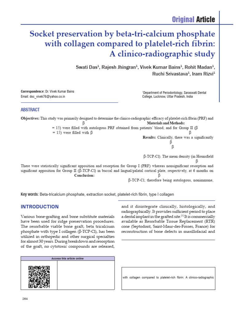 Socket Preservation: PRF vs β-TCP-Cl Study | PDF | Wound Healing ...