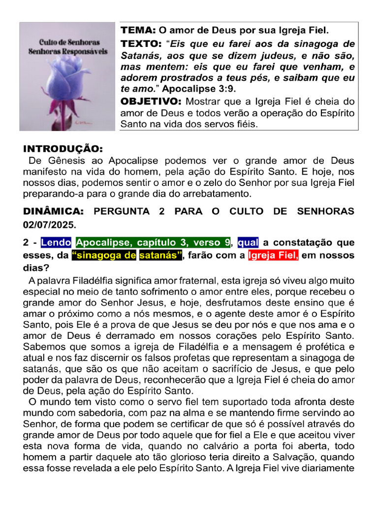 Dinâmica Pergunta 2 para o Culto de Senhoras 02-07-2025 Letra Grande | PDF
