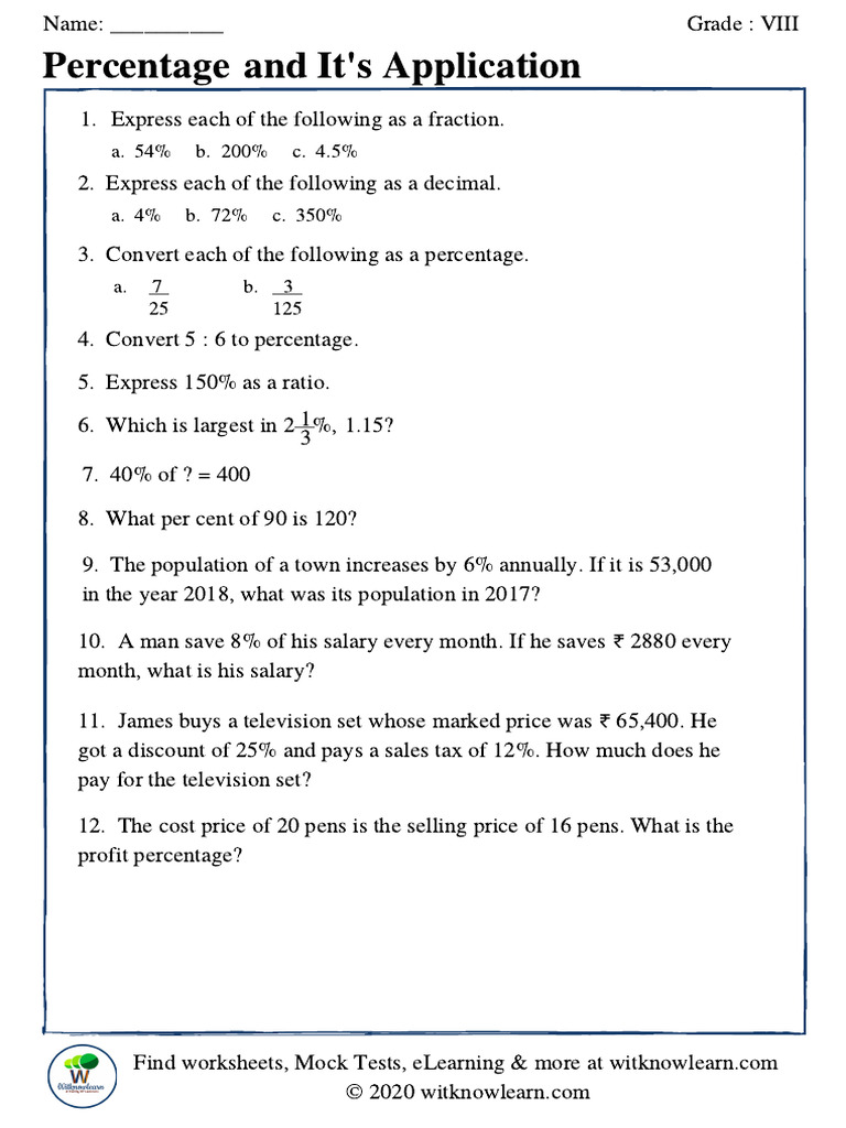 Percentage and Its Applications For Class 8-0-2020!16!07 065345 | PDF
