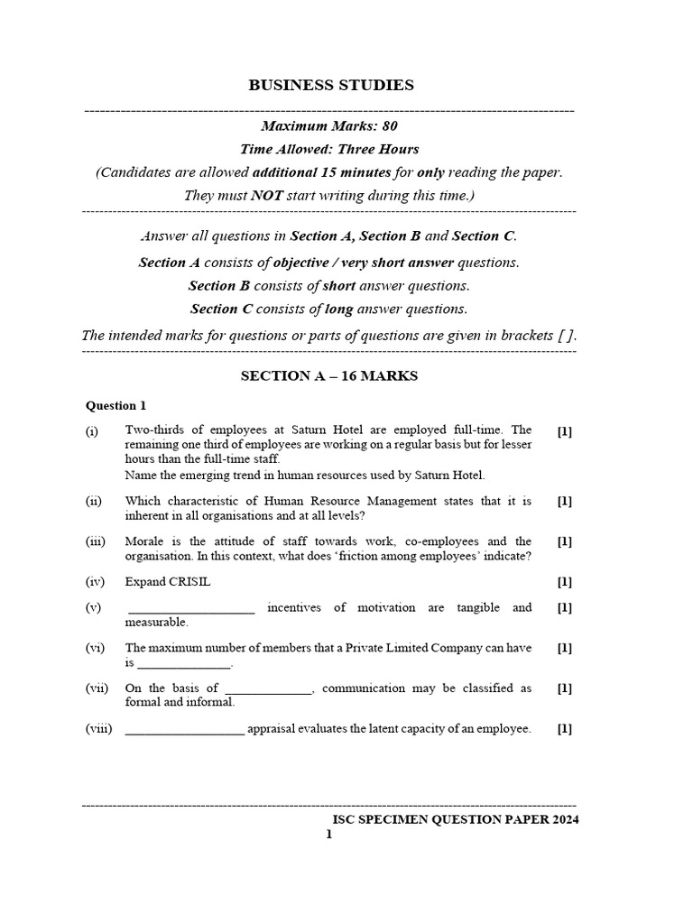 ISC Class 12 Business Studies Question Paper 2024 | PDF | Economies ...