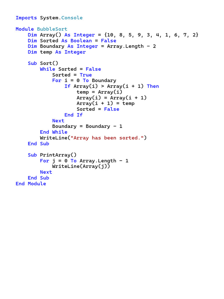 Bubble Sort Implementation in Visual Basic | PDF