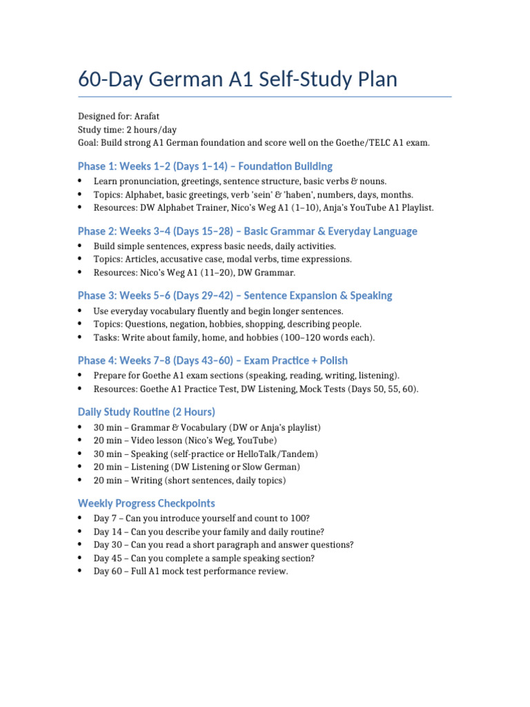 German A1 60 Day Study Plan Arafat | PDF