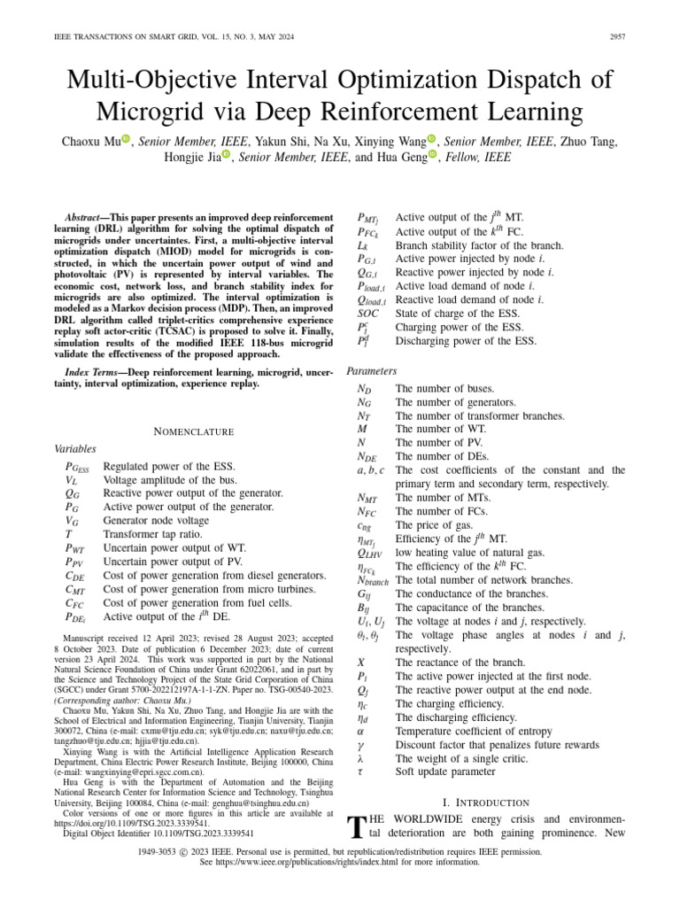 Multi-Objective Interval Optimization Dispatch of Microgrid Via Deep Reinforcement Learning ...