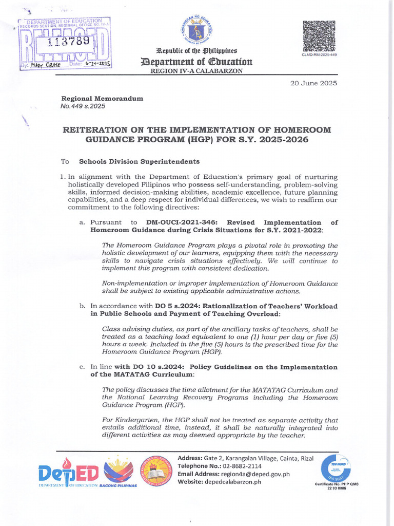 RM 449 s.2025 - REITERATION ON THE IMPLEMENTATION OF HOMEROOM GUIDANCE PROGRAM HGP FOR S.Y. 2025 ...