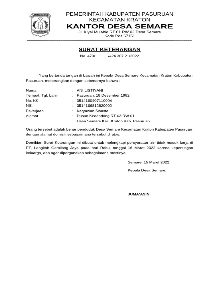 Surat Keterangan Izin Tidak Masuk Kerja Ani Listiyani 0301 | PDF