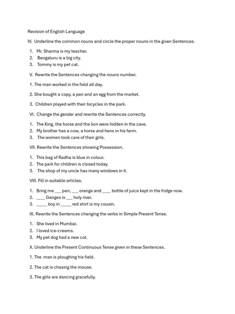 Revision of English Language Class IV | PDF