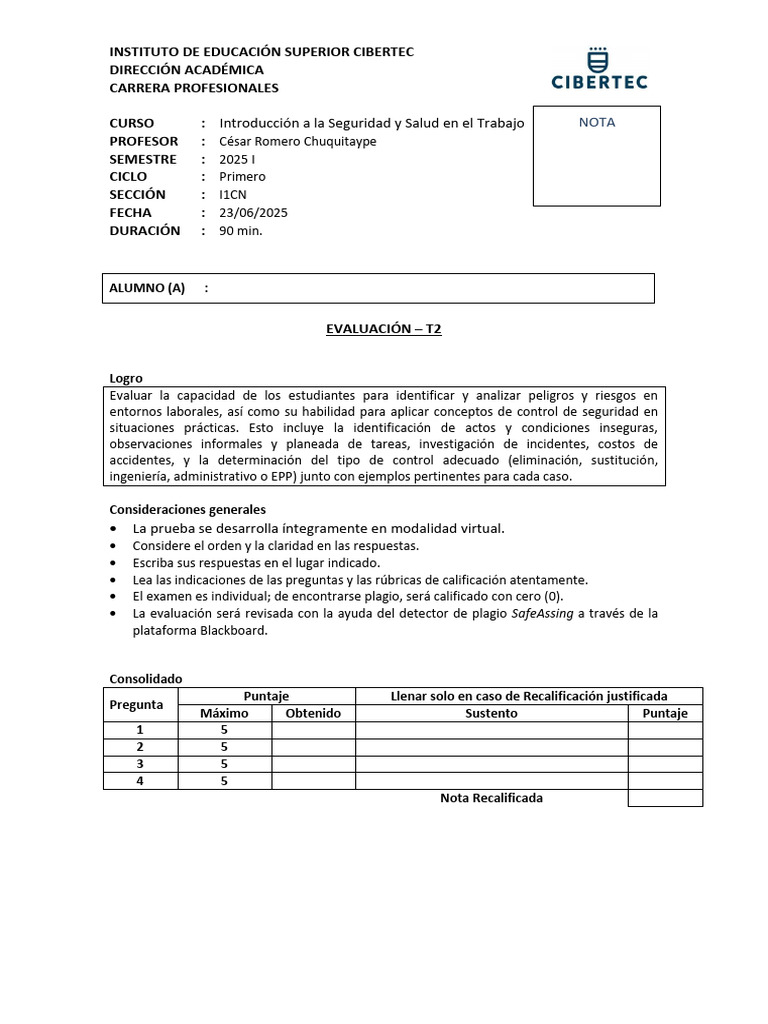 Oscar - Ccanto 4523 Introducción A La SST Evaluacion t2 César - Romero | PDF