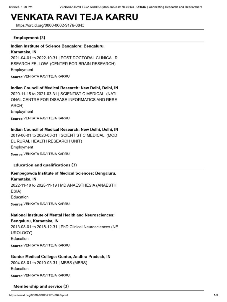 Venkata Ravi Teja Karru: CV Overview | PDF | Diseases And Disorders ...