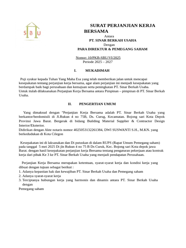 Surat Perjanjian Kerjasama Pt. Sbu | PDF