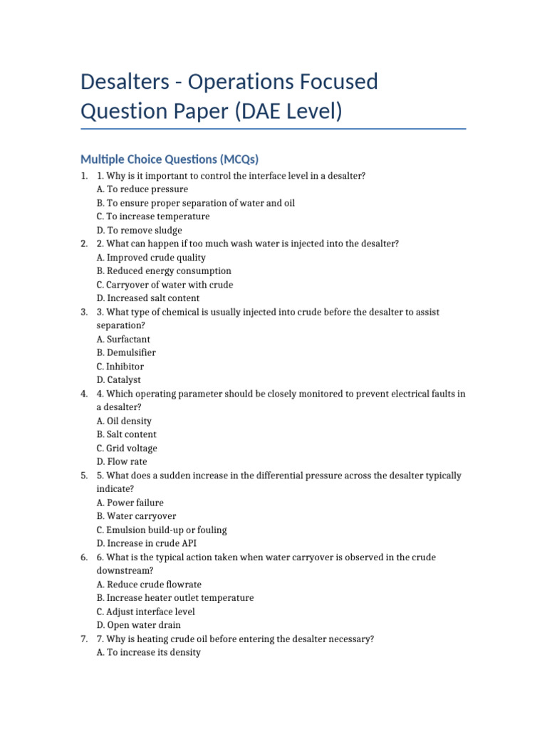 Desalter Operations DAE Test | PDF | Water | Petroleum