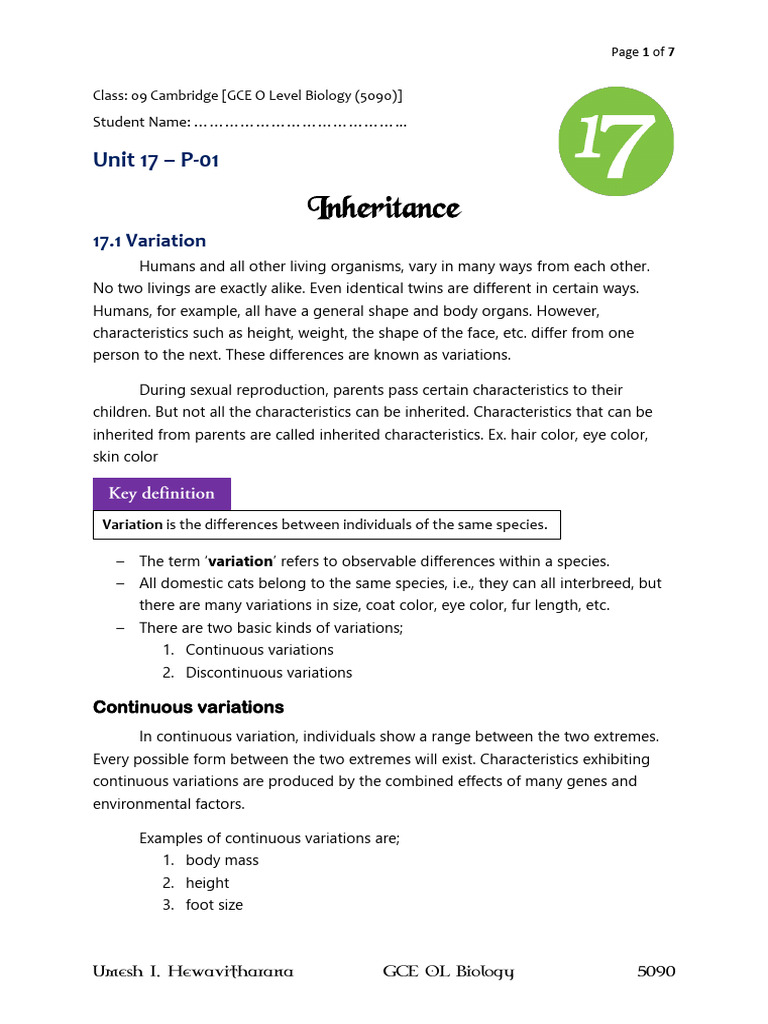 Unit 17 - Inheritance P-01 | PDF | Dna | Nucleic Acid Sequence