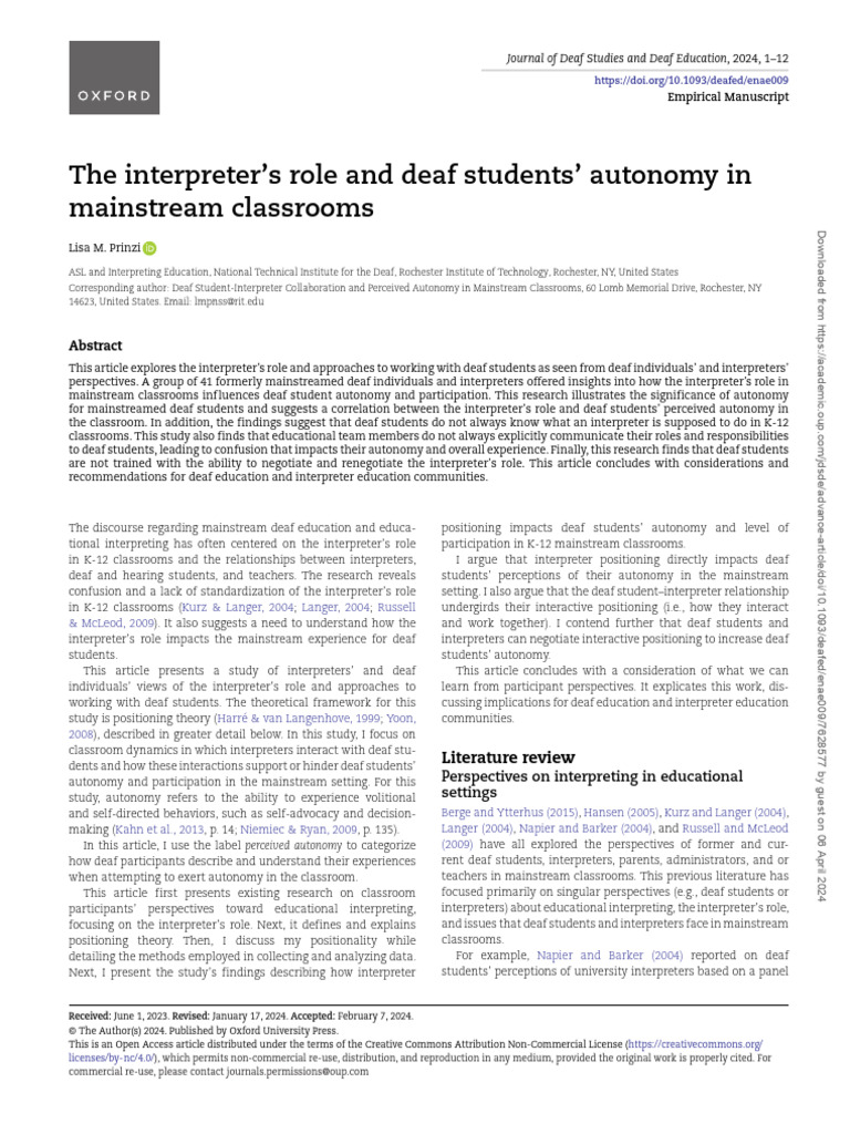 The Interpreter's Role and Deaf Students' Autonomy in Mainstream ...