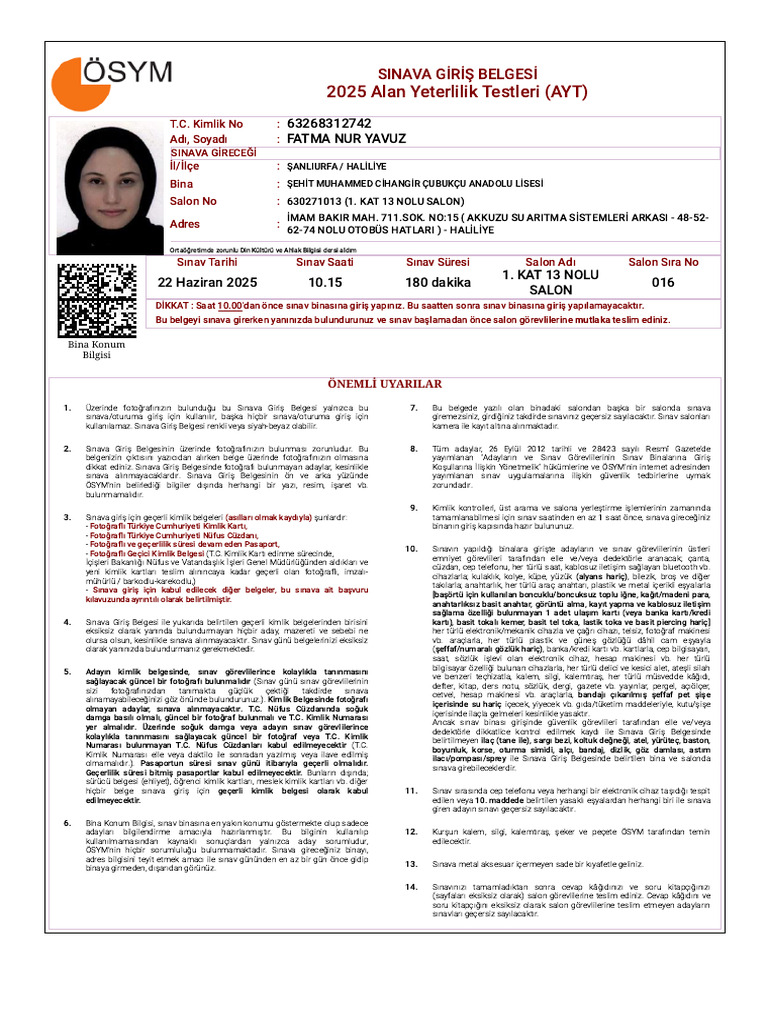 Sınava Giriş Belgesi Ayt | PDF