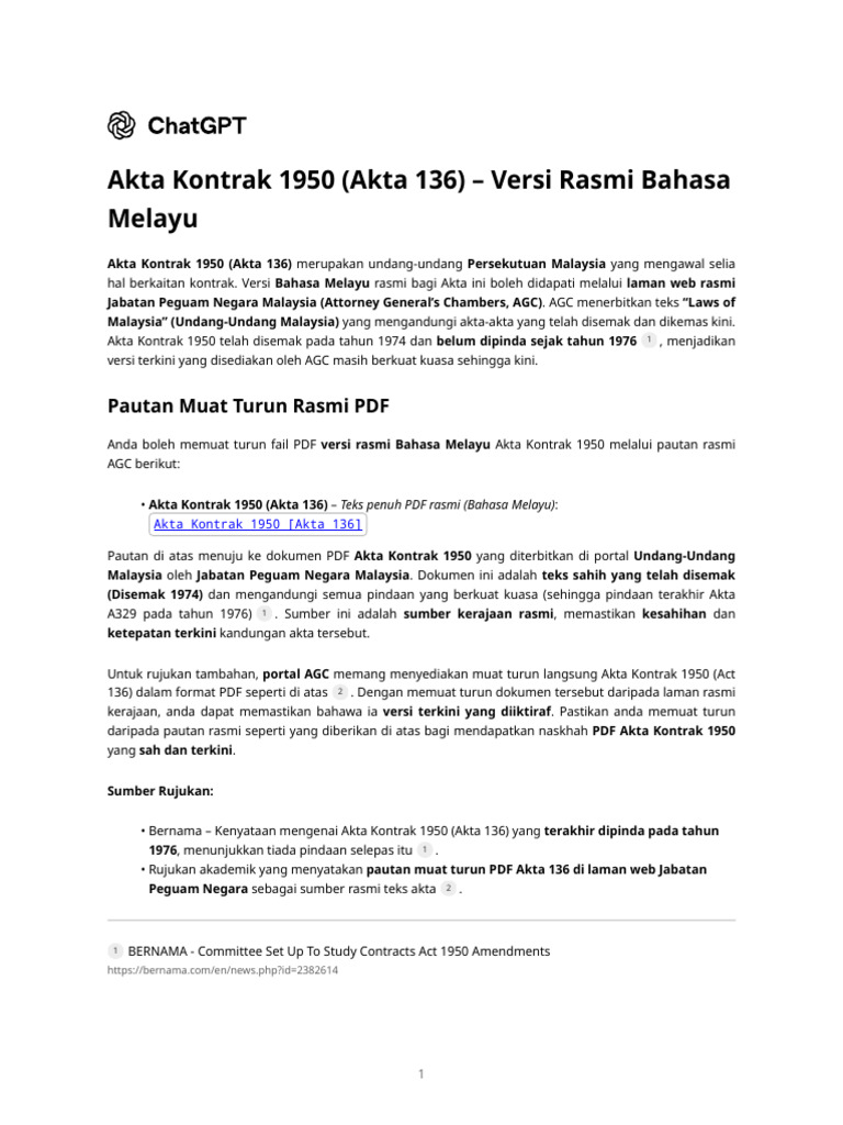 Akta Kontrak 1950 (Akta 136) - Versi Rasmi Bahasa Melayu | PDF