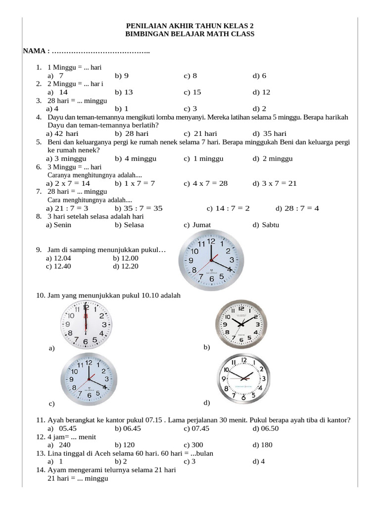 Pat Math Kelas 2 | PDF