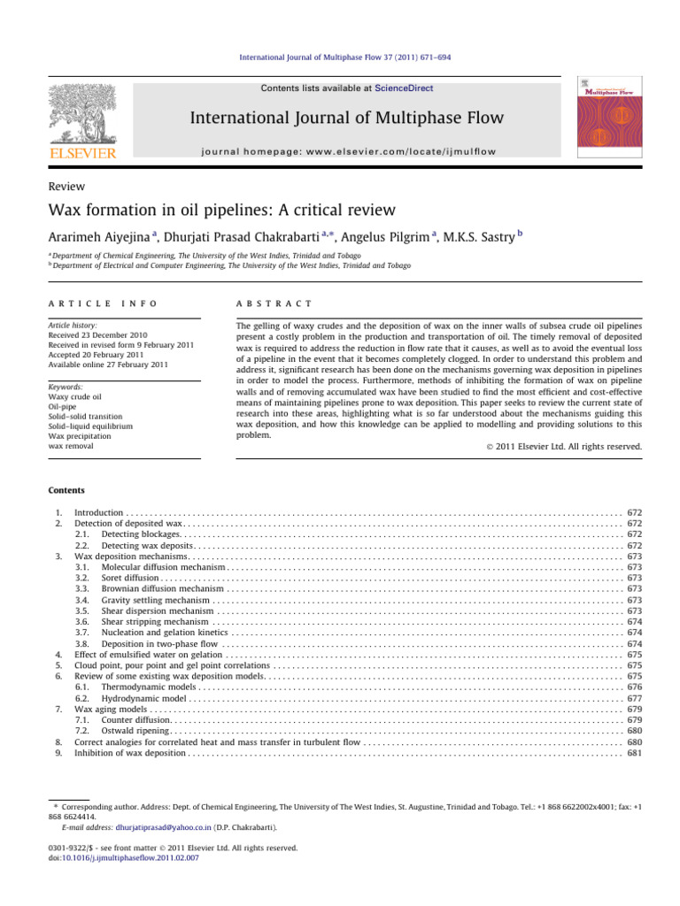 2011 - Wax Formation in Oil Pipelines - A Critical Review | PDF ...