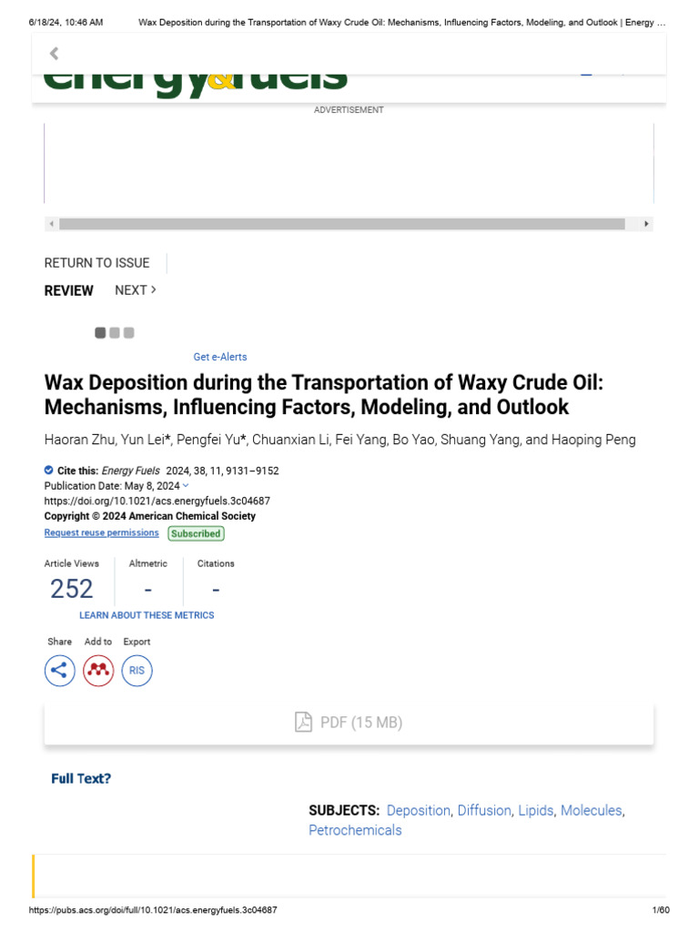 Wax Deposition in Waxy Crude Oil | PDF | Diffusion | Shear Stress