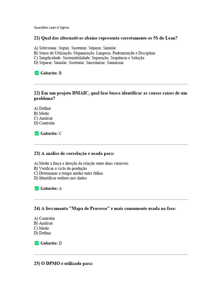 Questões sobre Lean 6 Sigma e DMAIC | PDF