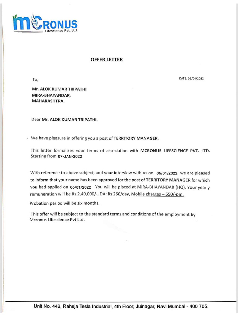 Alok Tripathi-Offer Letter | PDF