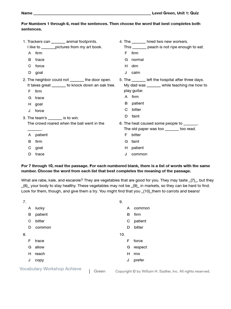 Vocabulary Quiz: Level Green, Unit 1 | PDF | Chess Openings | Chess