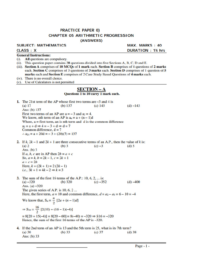 Chapter 5 Arithmetic Progression Practice Paper | PDF