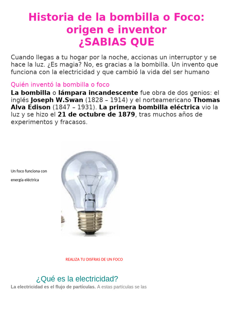 Historia de La Bombilla o Foco | PDF | Bombilla incandescente ...