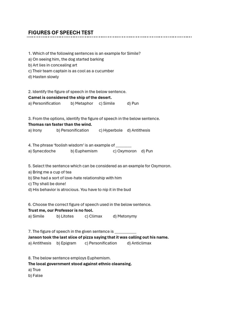 Figures of Speech Test | PDF | Figures Of Speech | Rhetorical Techniques