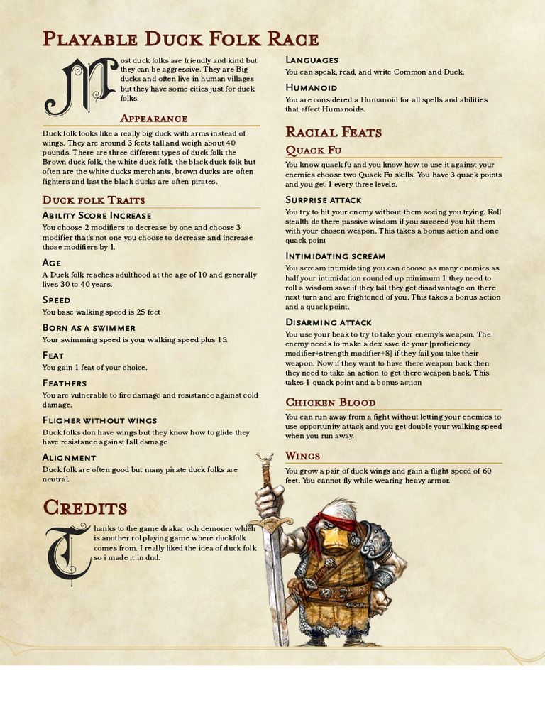 Playable Duck Folk Race for D&D 5E | PDF