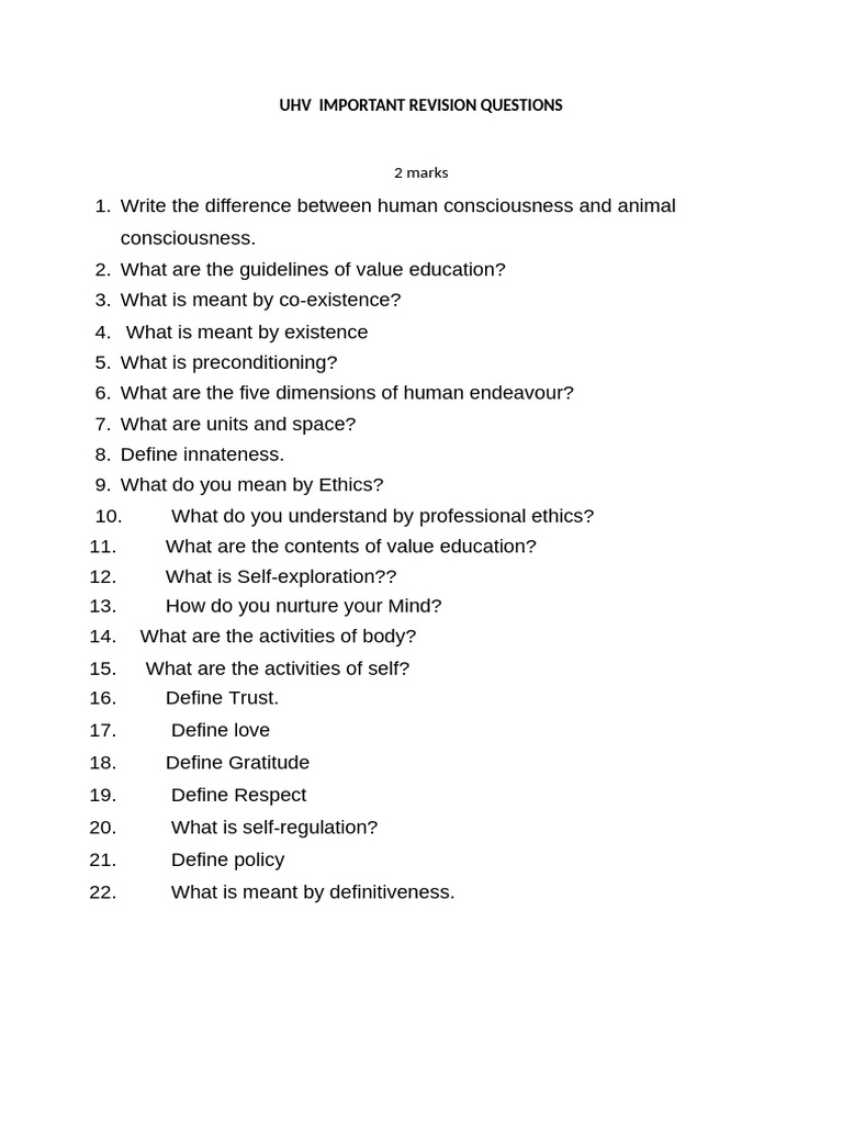 Important Question UHV II | PDF