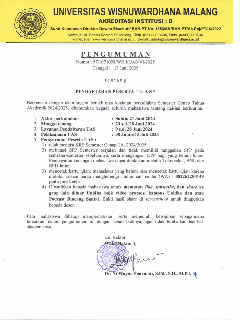 PENGUMUMAN UAS Genap - Untuk Mahasiswa | PDF