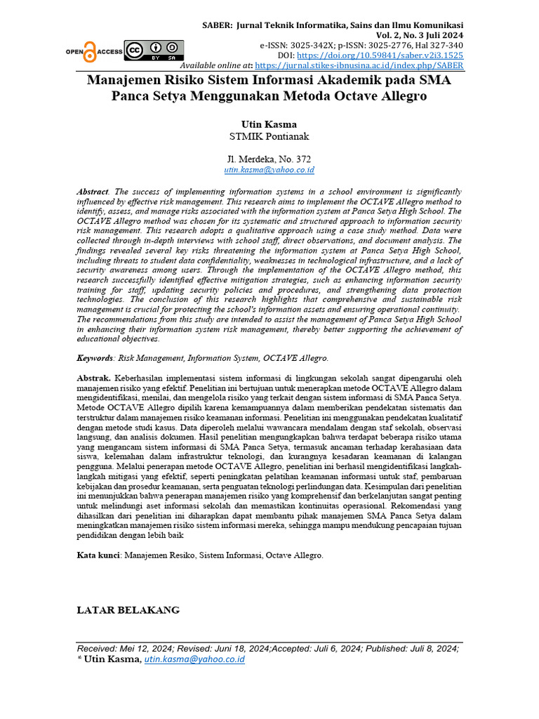 Manajemen Risiko Sistem Informasi Akademik Pada SMA Panca Setya | PDF