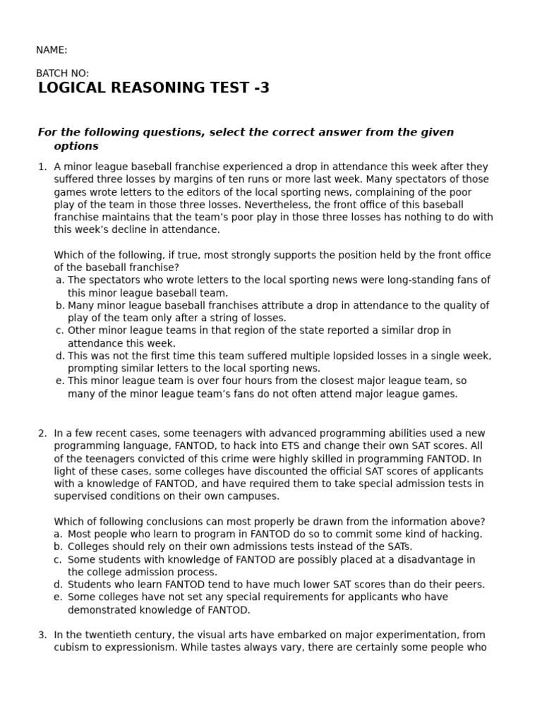 Logical Reasoning Test Questions | PDF | Sat