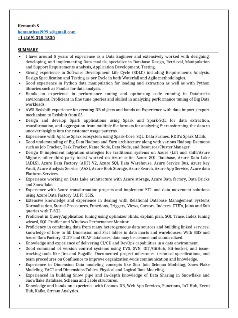 Hemanth S - Data Engineer | PDF | Apache Spark | Databases