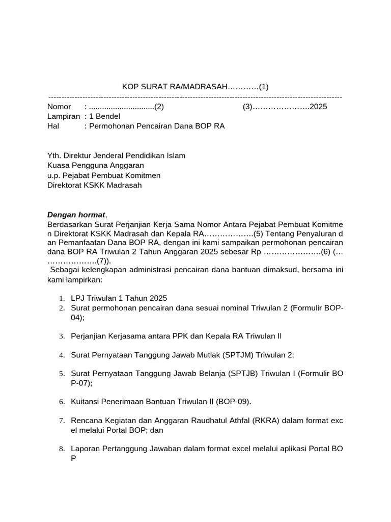 Permohonan Pencairan Dana BOP RA 2025 | PDF