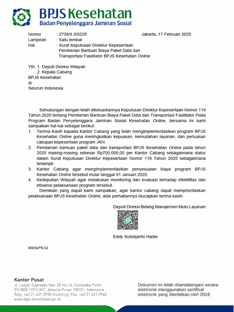 Surat Keputusan Direktur Kepesertaan Pemberian Bantuan Biaya Paket | PDF