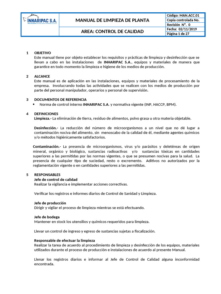 Manual de Limpieza y Sanitizacion Inharipac | PDF | Agua | Alimentos