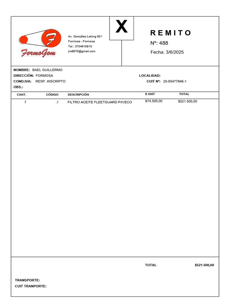 Remito Filtro para Iveco | PDF