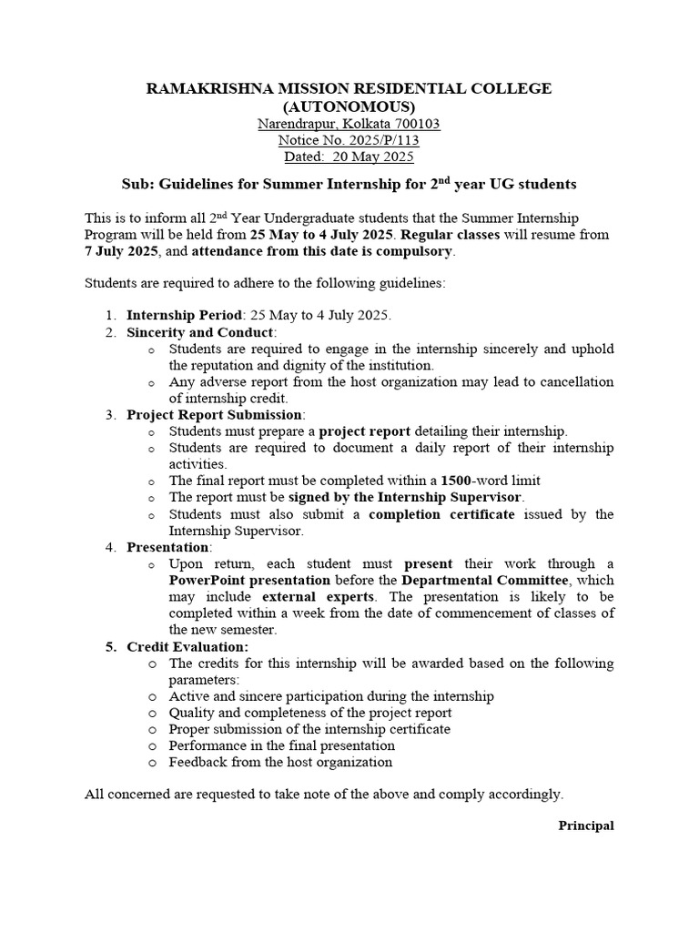 SRCC Internship Guidelines for Students | PDF