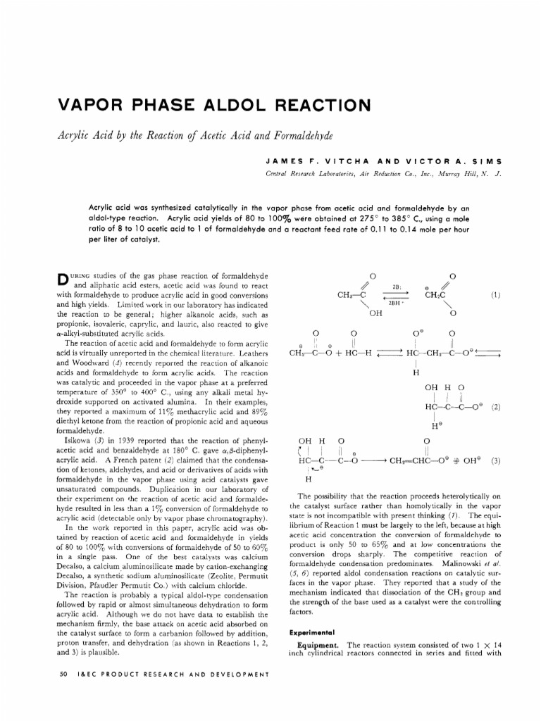 Vapor Phase Synthesis of Acrylic Acid | PDF | Formaldehyde | Catalysis