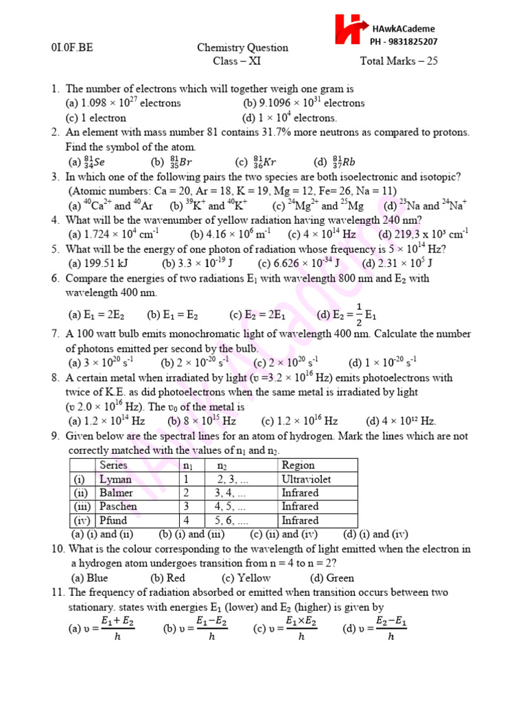 11 - 0I.0F.be Q.ans. Atomic Structure. | PDF | Light | Wavelength
